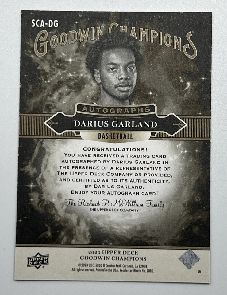 2019-2020 Goodwin Champions DARIUS GARLAND Splash Of Color Rookie Auto ...