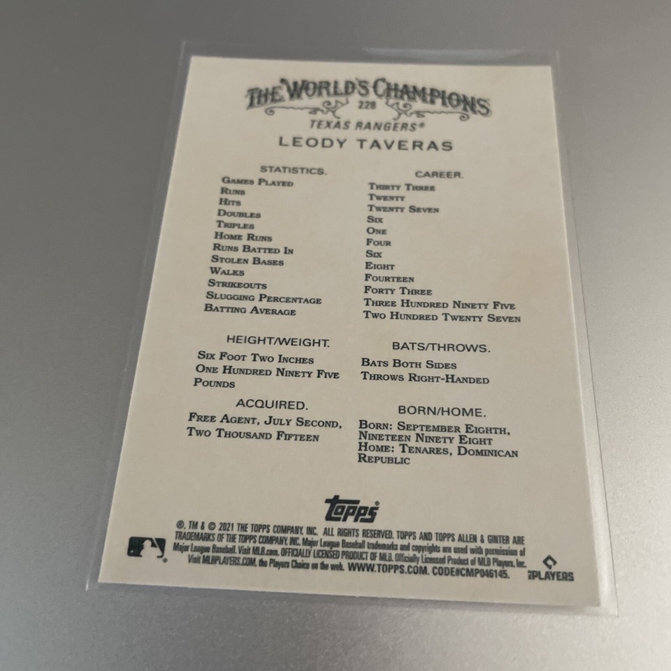 2021 Topps Allen & Ginter Leody Taveras RC Rookie Card #228 - QTY (CL1 ...