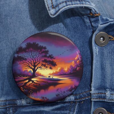 Custom Pin Button Badge Retro Twilight Landscape Oak Tree | eBay