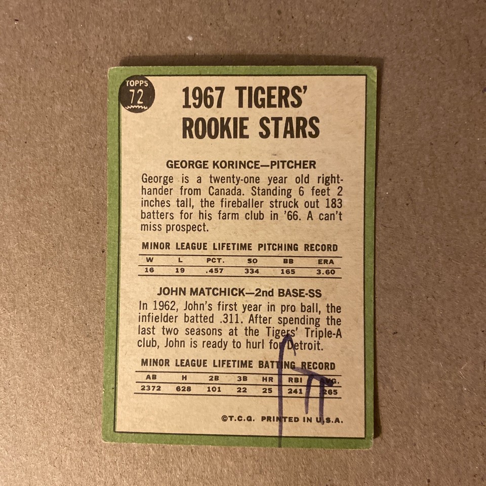 1967 Topps Rookie Stars Detroit Tigers George Korince & John Matchick ...