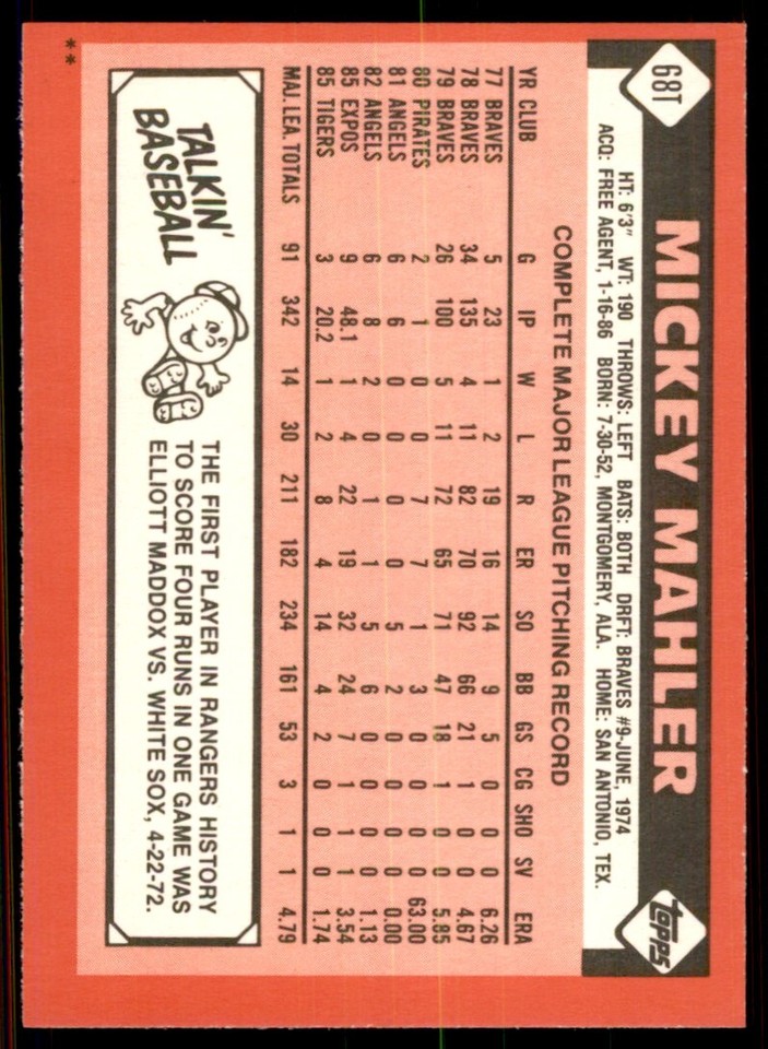 1986 Topps Traded Mickey Mahler Baseball Cards #68T | eBay