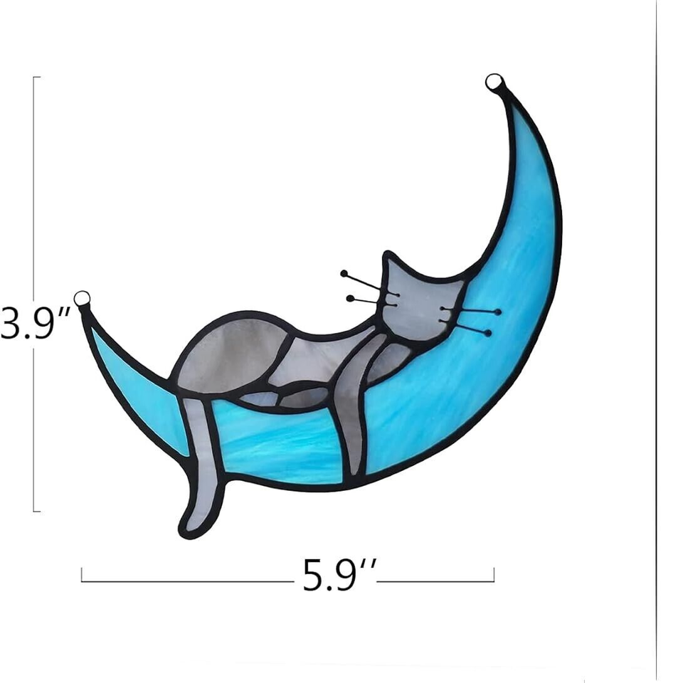 Stained Glass Cat on Moon Window Wall Door Hanging Plaque Sun Catcher ...