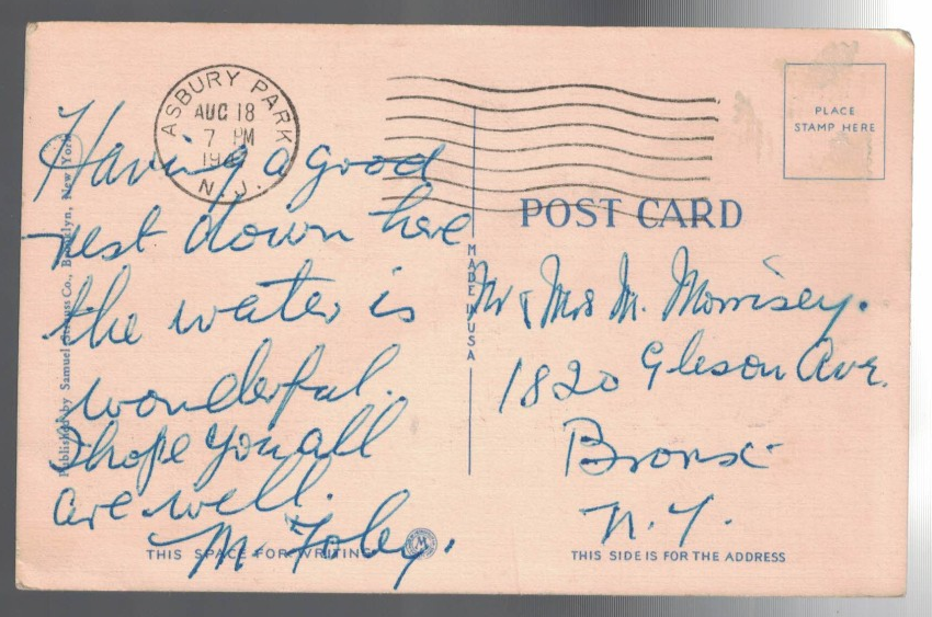 PC-4680**Vtg. PC 1947**Sunset Ave, Toward Beach** Asbury Park, New ...