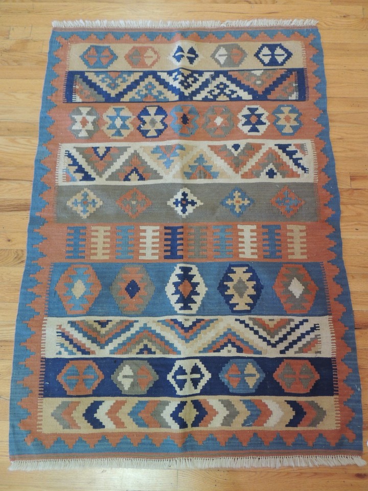 3x5 Turkish Kilim Reversible Wool Area Rug Geometric design Blue Orange ...