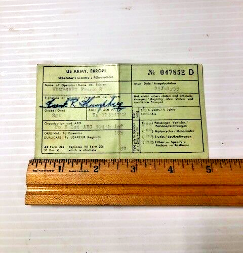Vintage 1959 Korean War Era U.S Government Operator's Permit US Army ...