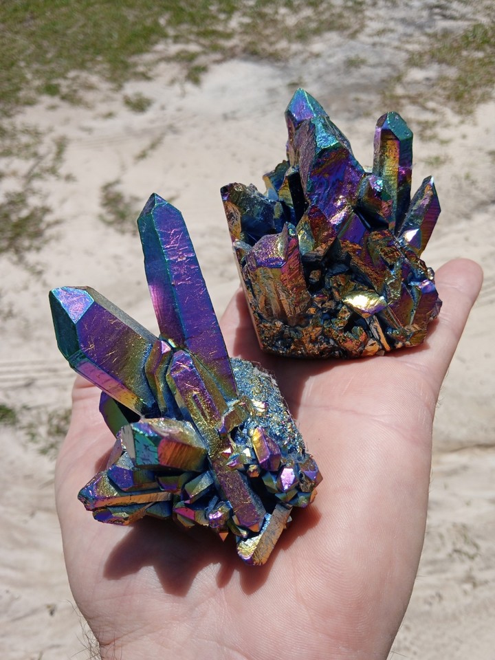 Lot of 2 Aura Titanium Crystal Clusters, Points! Rainbow 🌈 Colors Healing. J2 | eBay