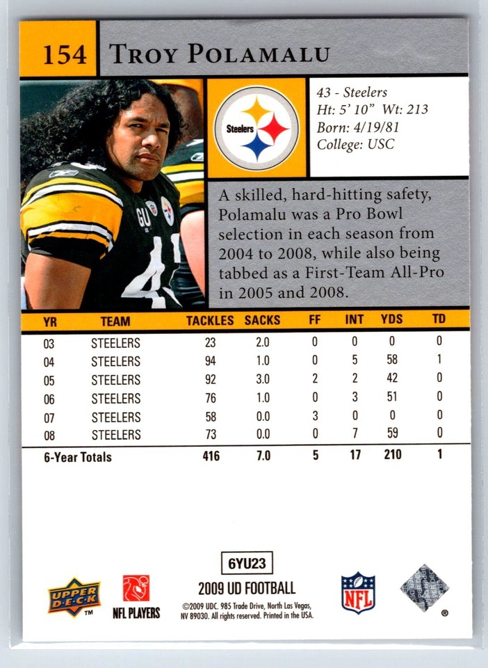 2009 Upper Deck Troy Polamalu Pittsburgh Steelers #154 | eBay