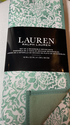 KITCHENAID REVERSIBLE DRYING MATS (2) WHITE GREEN BATIK FLORAL 16 X 22 ...