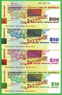 AUSTRALIA TRAVELERS CHEQUE FOR 100.00 , 50 , 20 , 10 DOLLARS SPECIMEN ...