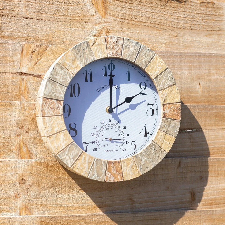 Garden Wall Clock Thermometer Indoor/Outdoor Large Classic Metal Resin ...