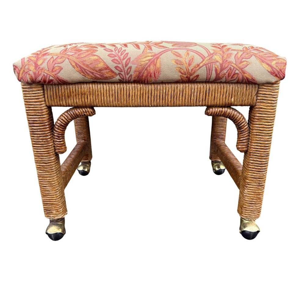 Vintage Henry Link Wicker Rolling Footstool Bench Floral Upholstered ...