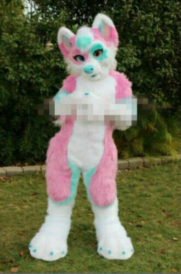 Halloween Pink Long Fur Fox Wolf Fursuit Mascot Costumes Blue Adults ...