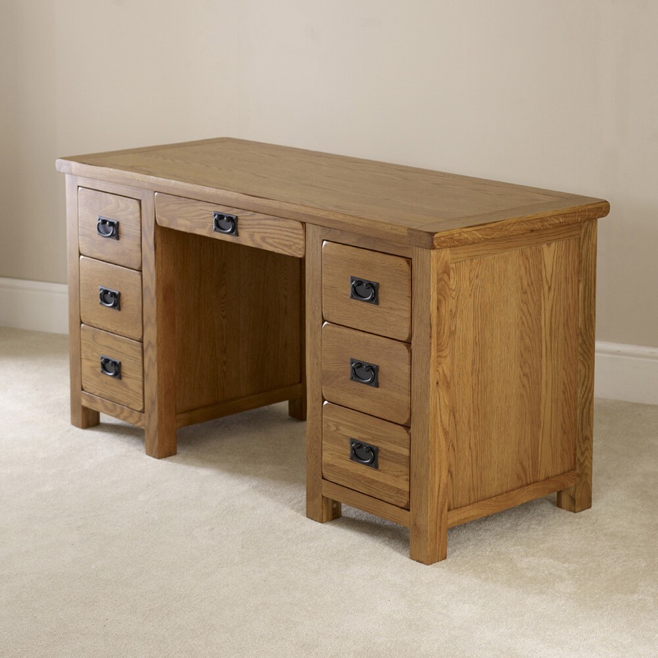 Rustic Oak Large Double Pedestal Computer Desk - Home Office Furniture ...
