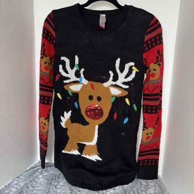 Holiday Sweaters Christmas Rudolph Reindeer Black Red Medium (7-9) | eBay