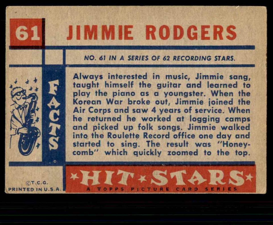 1957 Topps Hit Stars Jimmie Rodgers #61 | eBay