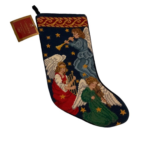 Needlepoint Angels Musical Instruments Christmas Stocking trumpet harp ...