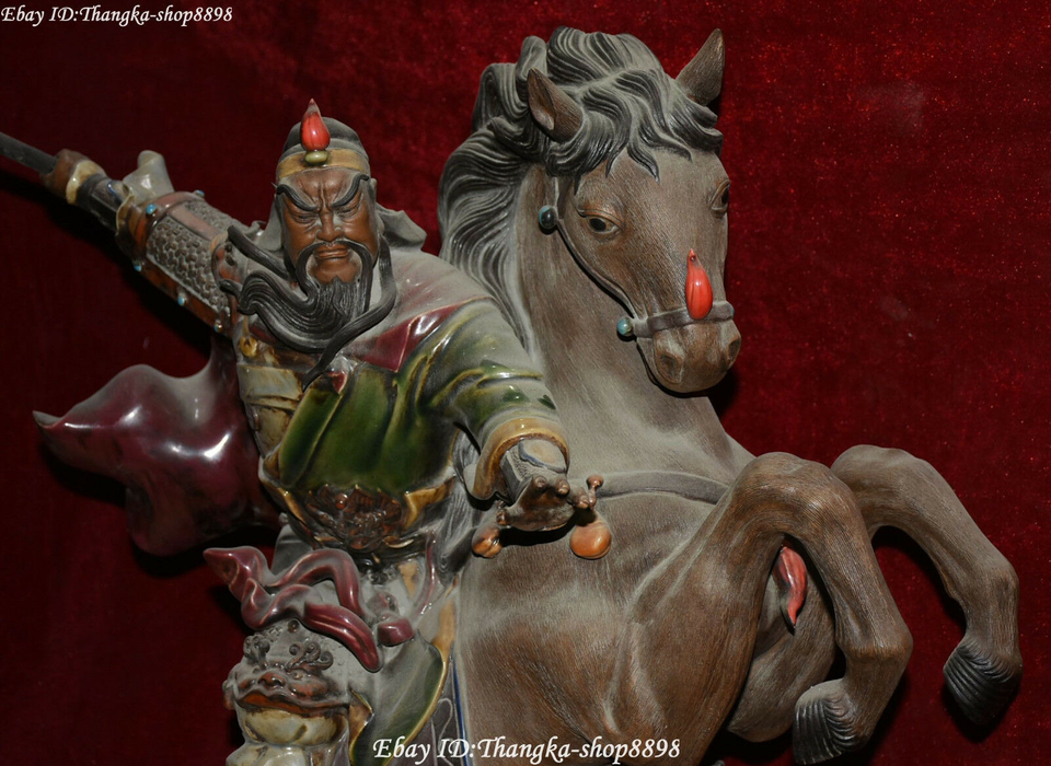 27" Wucai Porcelain Guangong Guan Gong Yu Warrior God Horse Hold Knife ...