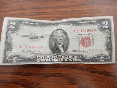 1953 A SERIES SERIAL NUMBER RED SEAL $2 TWO DOLLAR BILL MARKS ON BACK ...