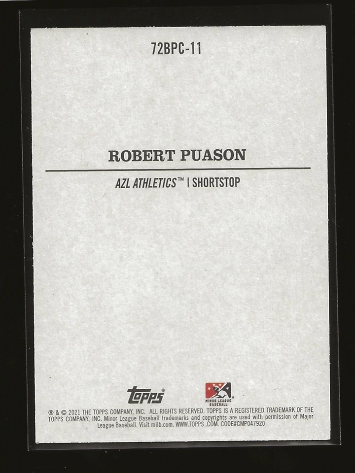 ROBERT PUASON 2021 Topps Heritage Minor 1972 Poster Card AZL Athletics ...