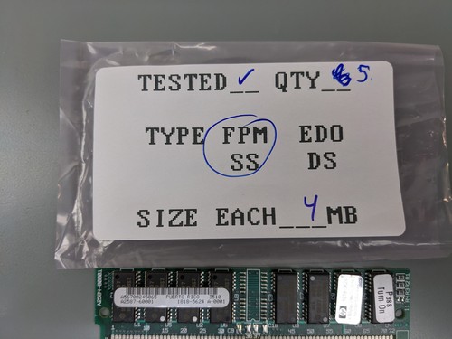 (5) HP 4MB FPM SIMMs, 72-pin RAM Memory Sticks (20MB Total) 1818-5624 ...
