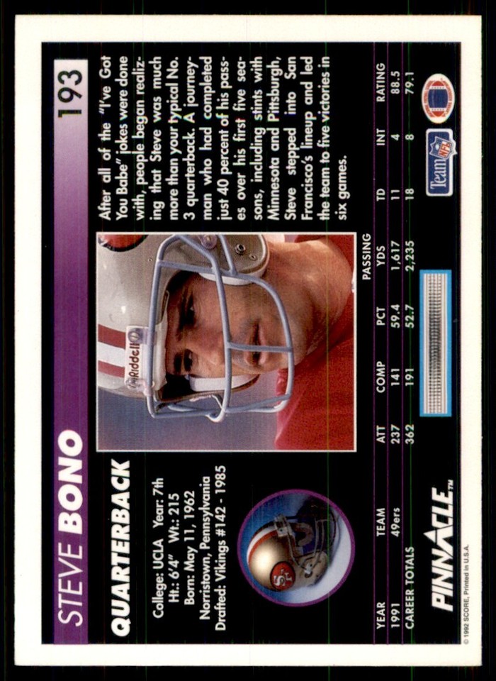 1992 Pinnacle Steve Bono IP Signed Auto RC San Francisco 49ers #193 | eBay