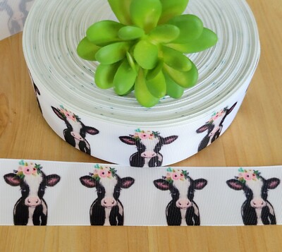 5/8, 7/8, 1 & 1.5" (1 YD) Cow Grosgrain Ribbon Holstein Heffer Baby ...