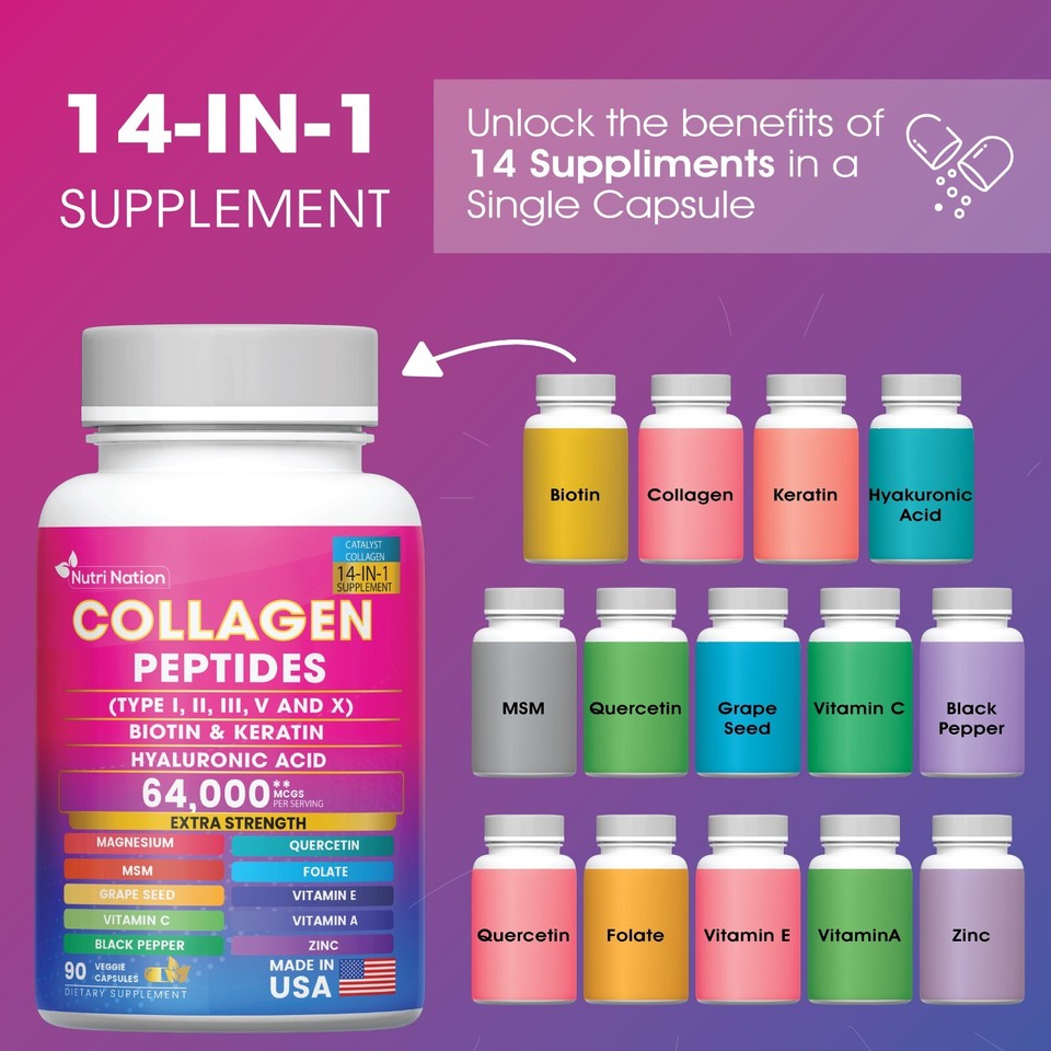 Collagen Peptides Pills 1000mg Hydrolyzed Anti Aging Capsules Types I ...