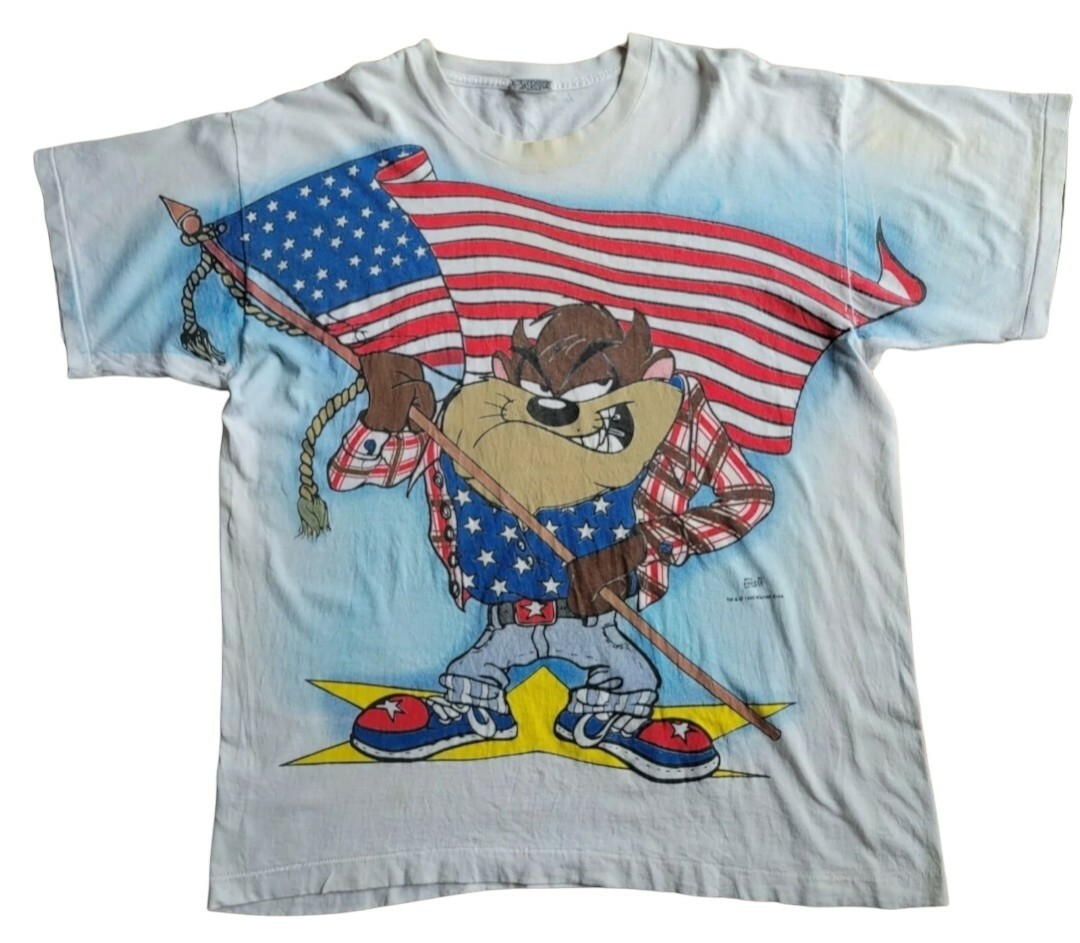 Vintage 90s Looney Tunes Taz American Flag Distressed… - Gem