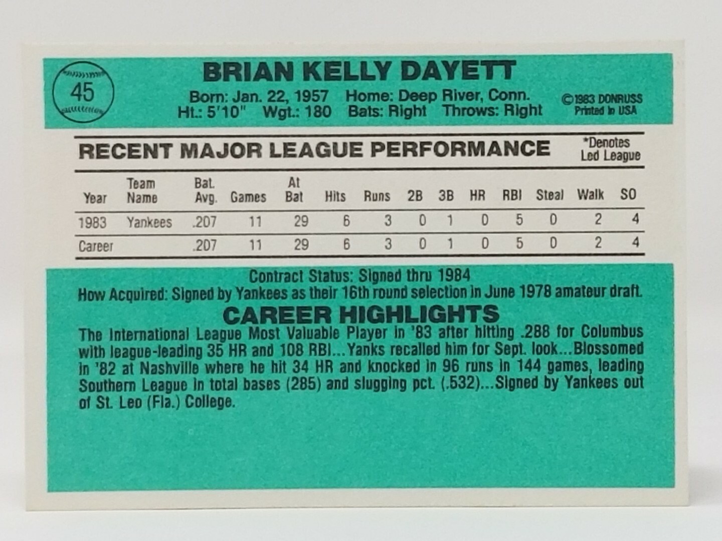 1984 Donruss New York Yankees Baseball Card #45 Brian Dayett Rookie | eBay