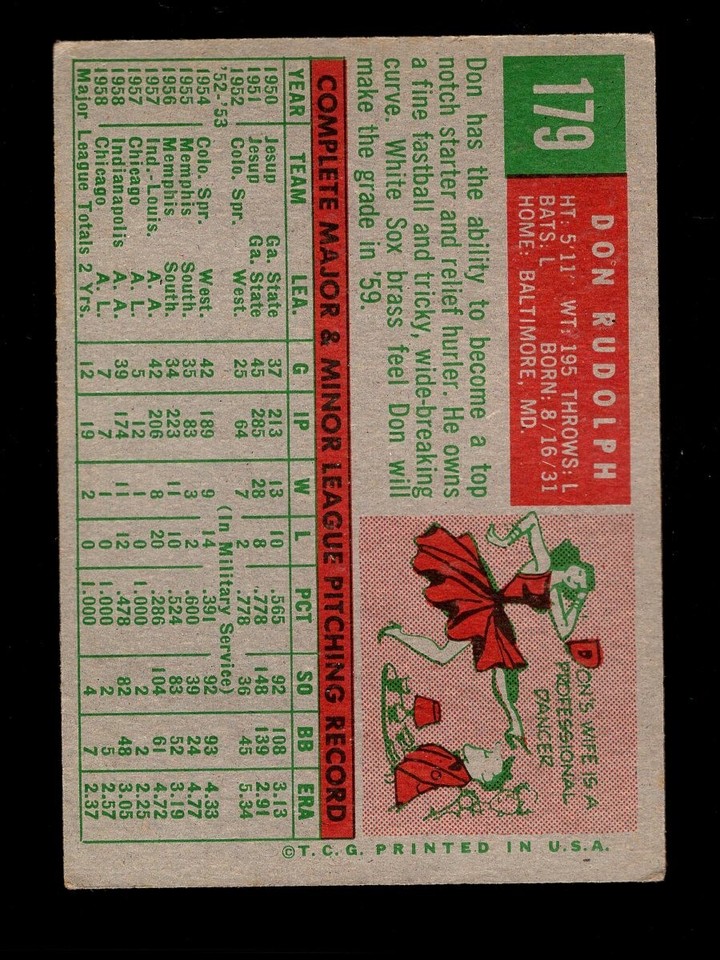 1959 TOPPS #179 DON RUDOLPH WHITE SOX EX 1A | eBay