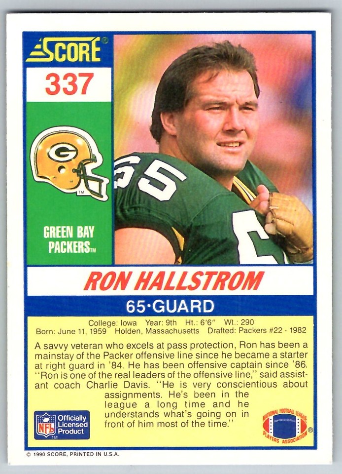 1990 SCORE RON HALLSTROM RC GREEN BAY PACKERS #337 | eBay