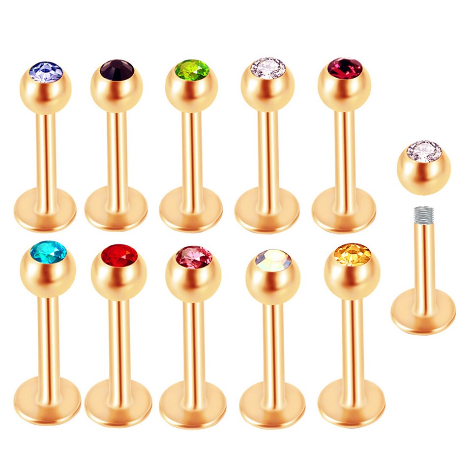 10pc set 2mm/3mm Crystal Internal Thread Labret Steel Nose Ear Stud ...