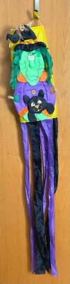 Vintage Halloween Witch & Black Cat Hanging Nylon Windsock 57" Indoor ...