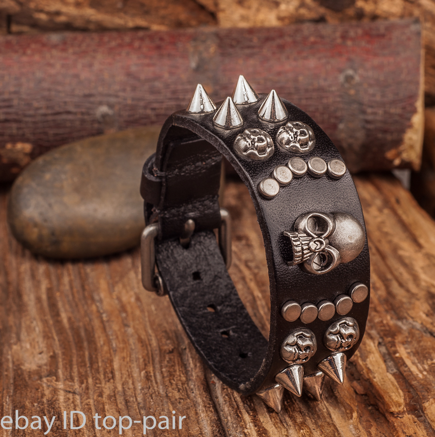 Mens Cool Punk Biker Metal Studded Genuine Leather Bracelet Wristband ...