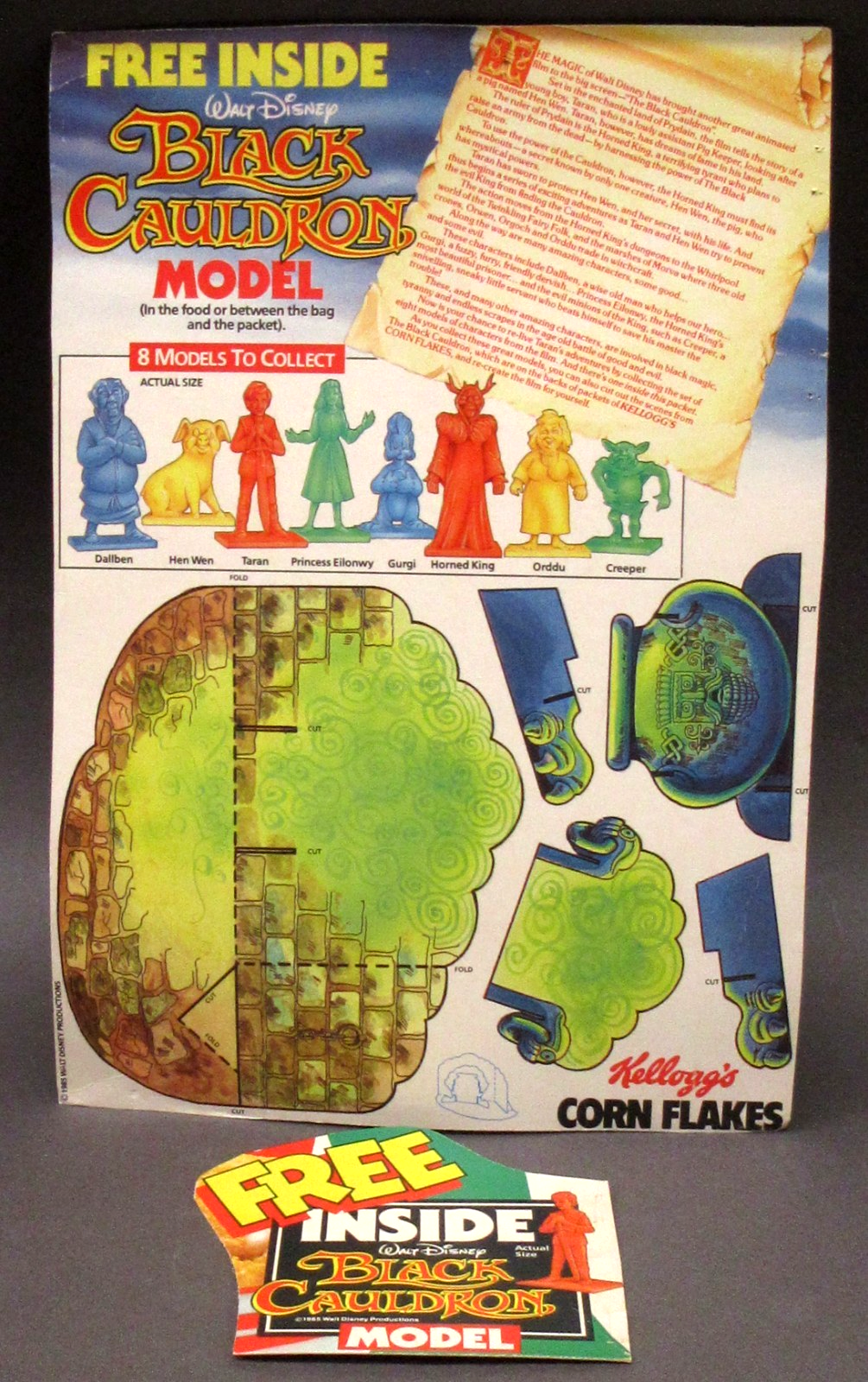 1985 Disney BLACK CAULDRON Kellogg's Corn Flakes cereal premium back ...