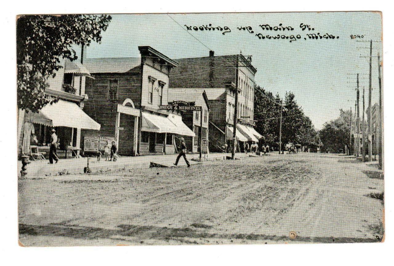 MI - NEWAYGO NEWAGO MICHIGAN Postcard DIRT MAIN STREET A W GLEASON DRUG ...
