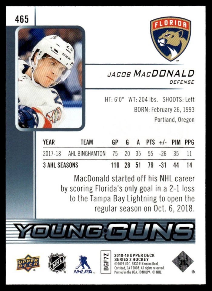 2018-19 Upper Deck Young Guns Jacob MacDonald #465 Rookie | eBay