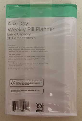 Equate 4-A-Day Weekly Pill Container NEW in Pack Large Pill Capacity ...