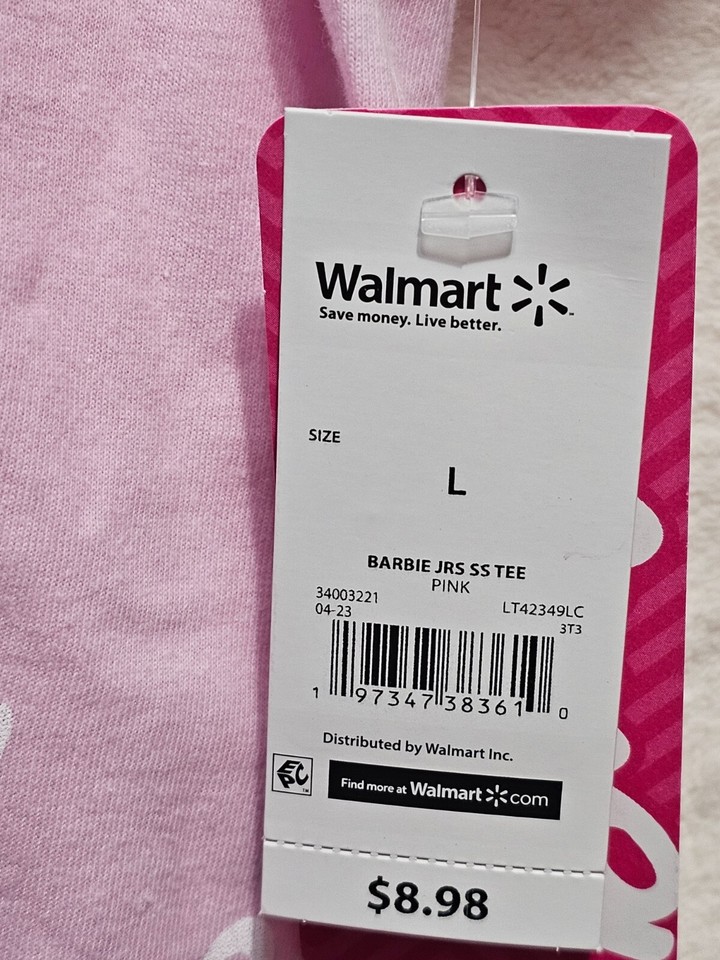 Mattel Barbie NEW♈Junior's LICENSED Printed Tee size L ~light Pink ...
