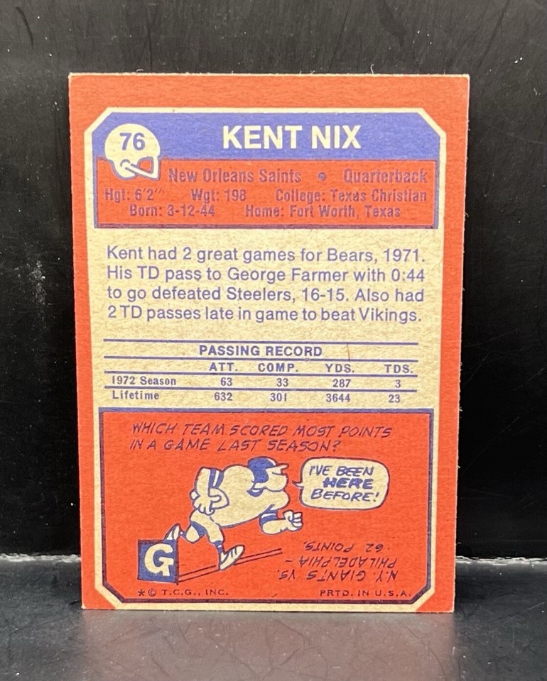 1973 TOPPS #76 KENT NIX New Orleans Saints | eBay
