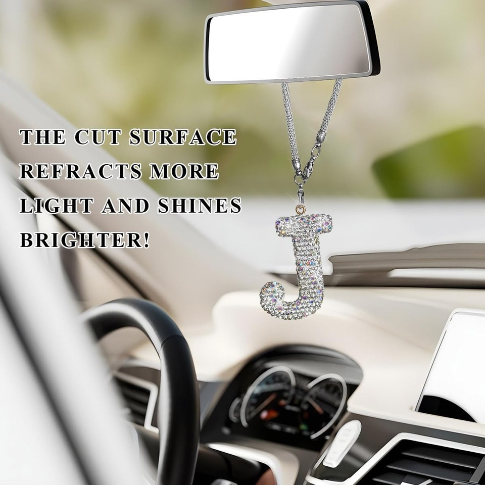 Bling Initial Car Rear View Mirror Ornament, Crystal Pendant Auto ...