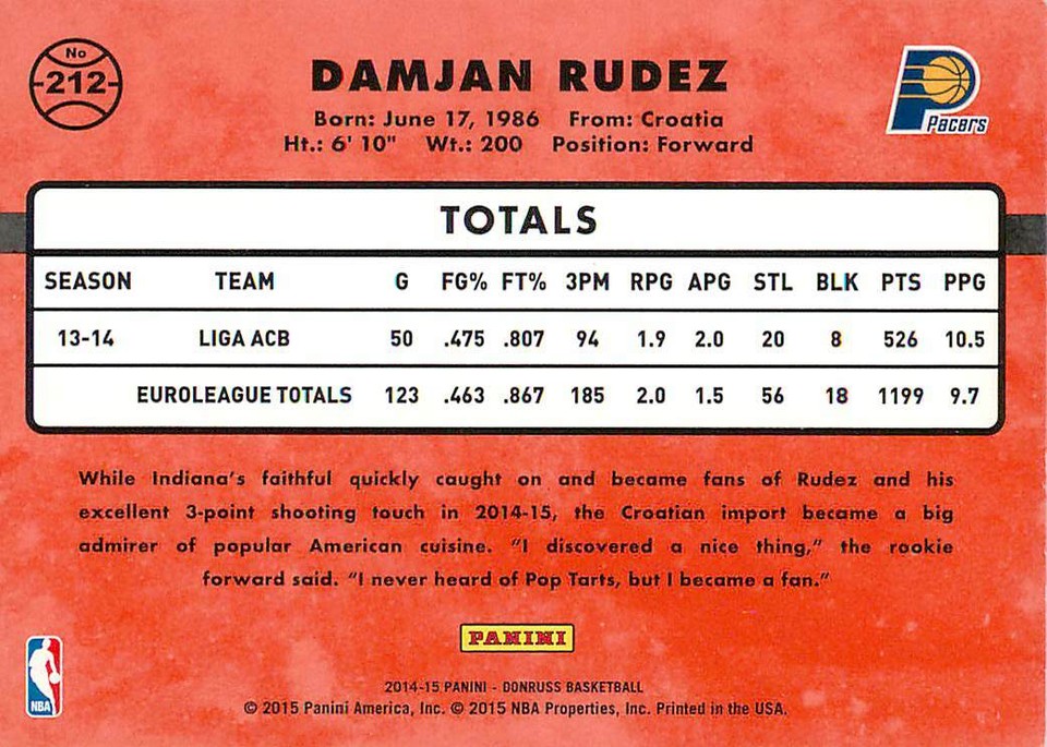 DAMJAN RUDEZ 2014-15 Donruss RATED ROOKIE RC #212 Pacers | eBay