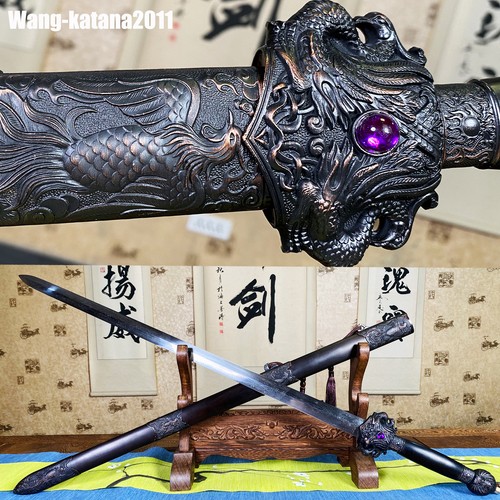 41''Handmade Chinese Dragon & Phoenix Sword Folded Steel Ebony Qing ...