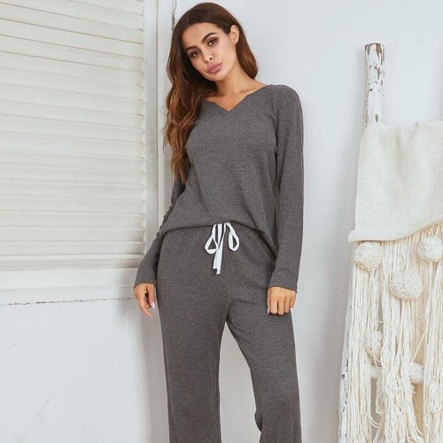 Women Pajamas Top Pants Set Nightwear Drawstring Waist Sleepwear ...