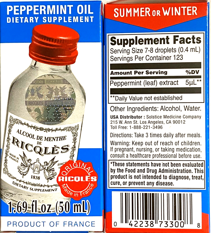 Ricqles Peppermint Oil Dietary Supplement 1.69 fl. oz / 50ml - Exp: 06 ...