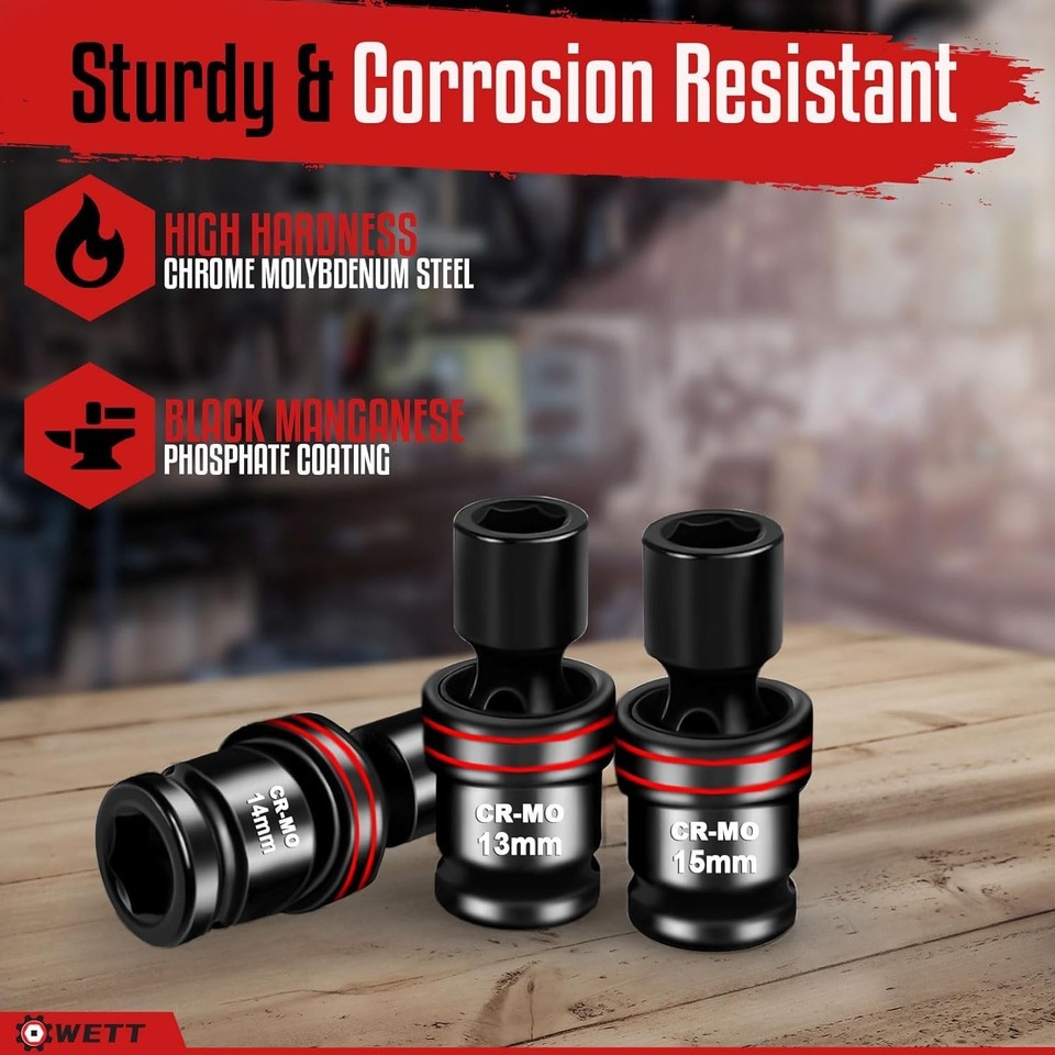 18PCS 1/2 Drive Impact Swivel Socket Set Metric 6 Point Wobble 10-24mm ...