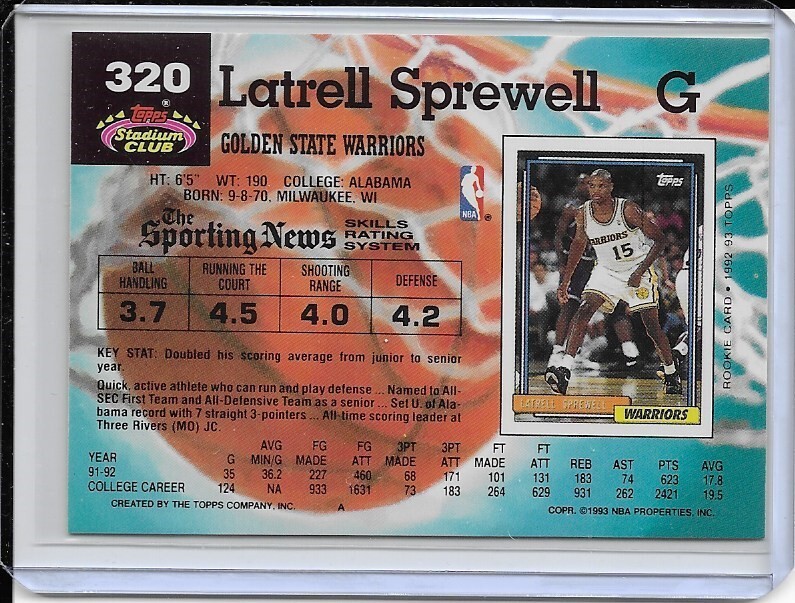 1993 Topps Stadium Club Draft Pick Latrell Sprewell RC NBA Warriors ...