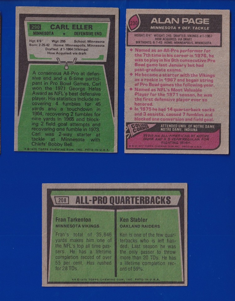 3 VIKINGS LOT 1975 TOPPS FRAN TARKENTON STABLER ALL-PRO CARL ELLER '77 ...