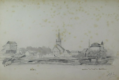 View Of Kiel Germany Castle Drawing Antique Signed Pencil painting BM53 ...