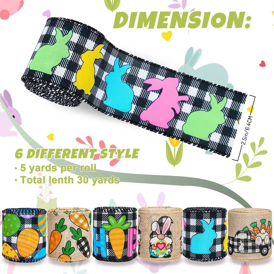 Whaline 6 Roll Easter Wired Edge Ribbon 30 Yards Bunny Rabbit White | eBay